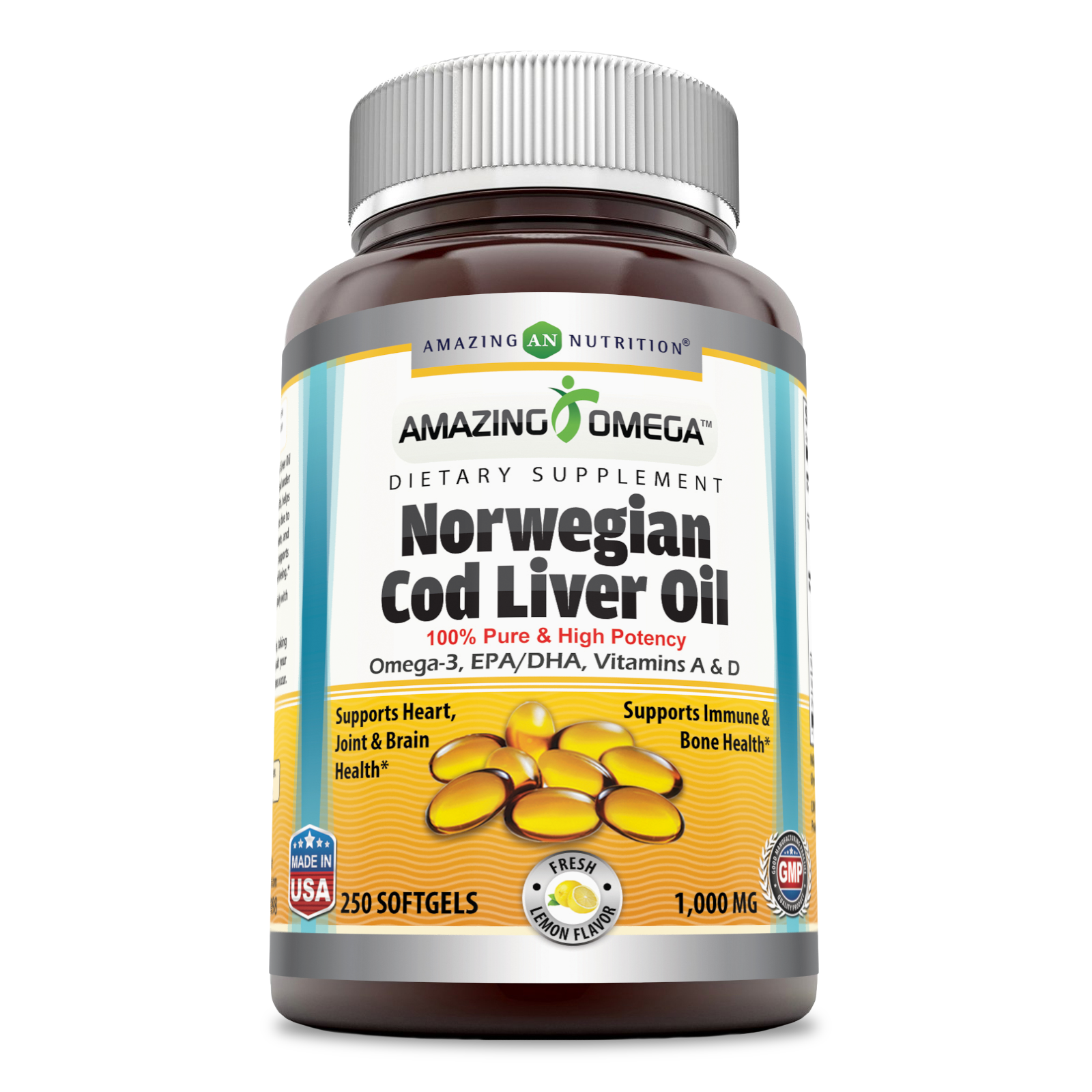Amazing Omega Norwegian Cod Liver Oil 1000 Mg, 250 Softgels (Lemon Fla ...